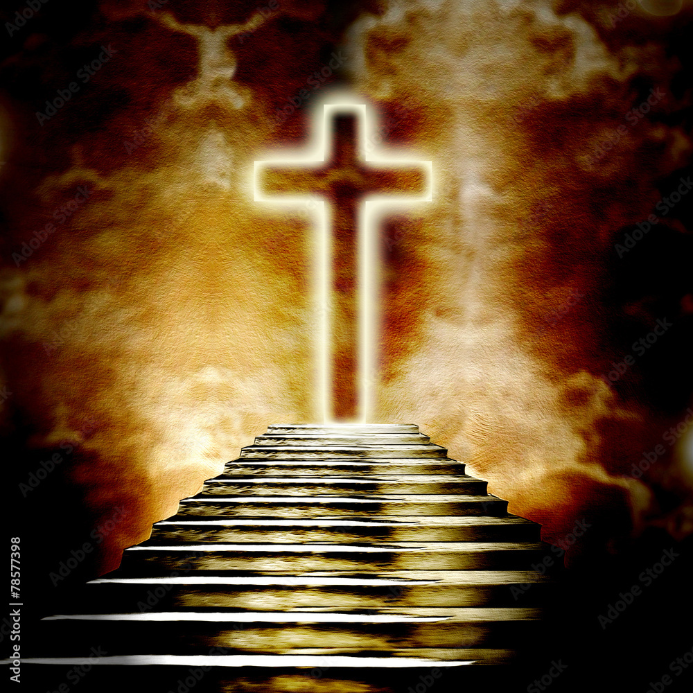 Glowing holy cross and staircase leading to heaven or hell Stock Photo ...