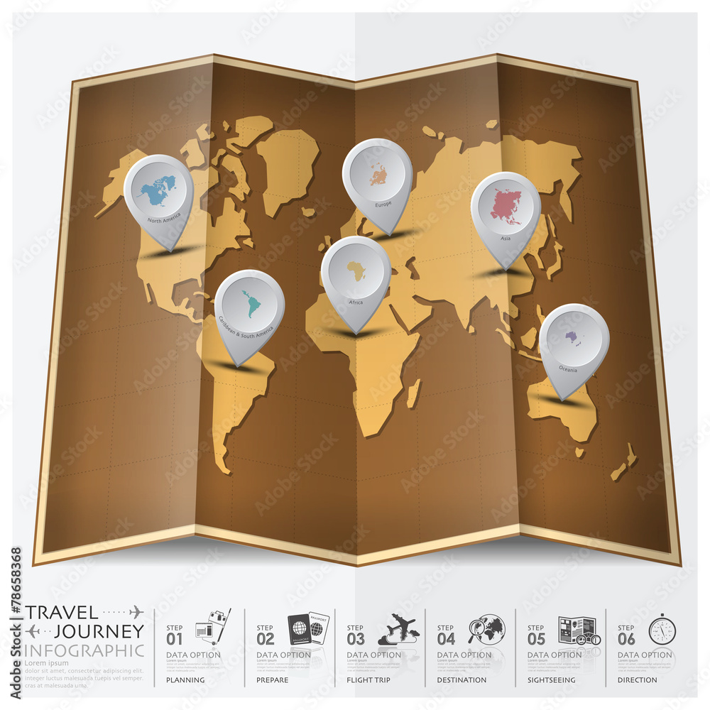 Travel And Journey World Map With Point Mark Continent Infograph Stock ...