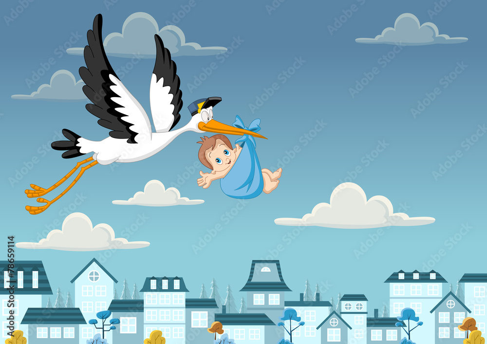 Cartoon stork delivering a newborn baby boy Stock Vector | Adobe Stock