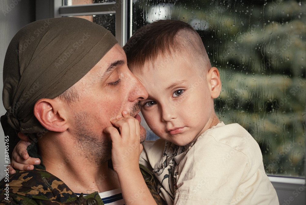 Sad scene farewell of the son to father leaving on military serv Stock ...