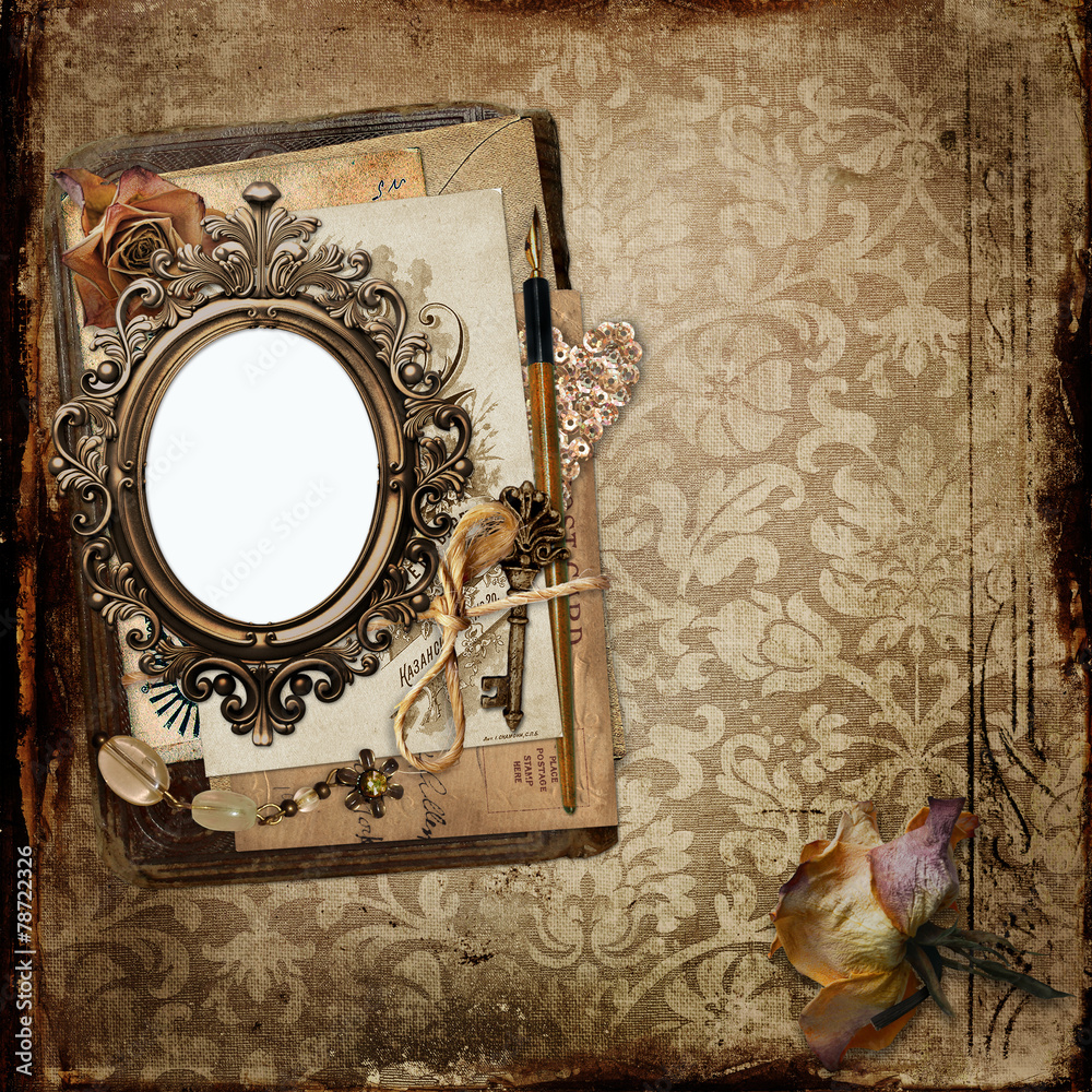 Vintage background with frame and old letters, faded roses Stock ...