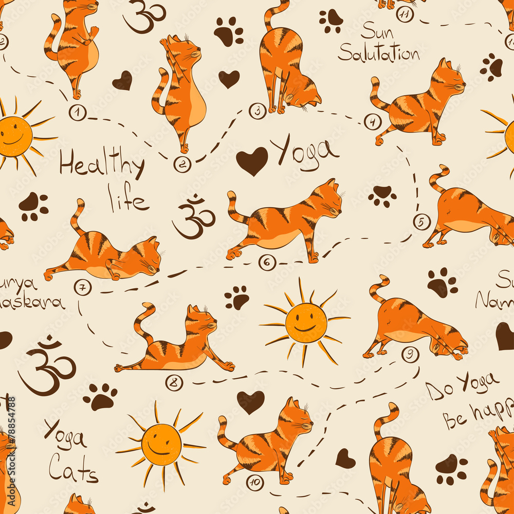 Seamless pattern with cat doing yoga position of Surya Namaskara Stock ...