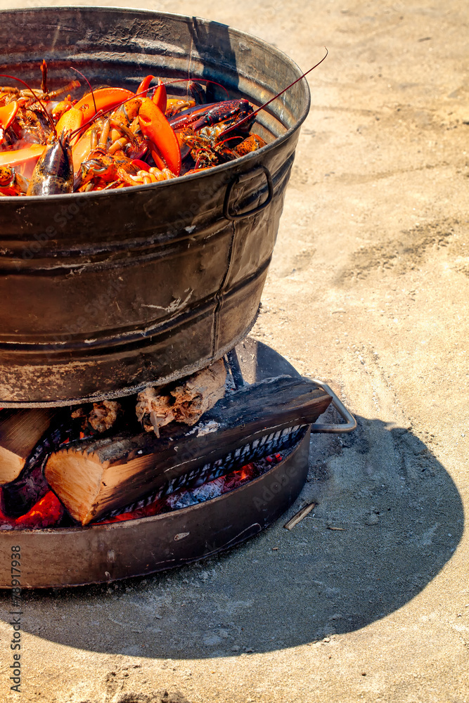 Pot of steamed lobsters over a wood fire on the beach. Maine. Stock ...