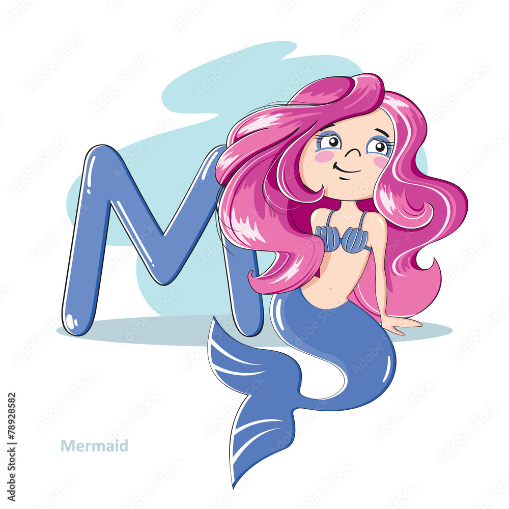 Cartoons Alphabet - Letter M with funny Mermaid Stock Vector | Adobe Stock