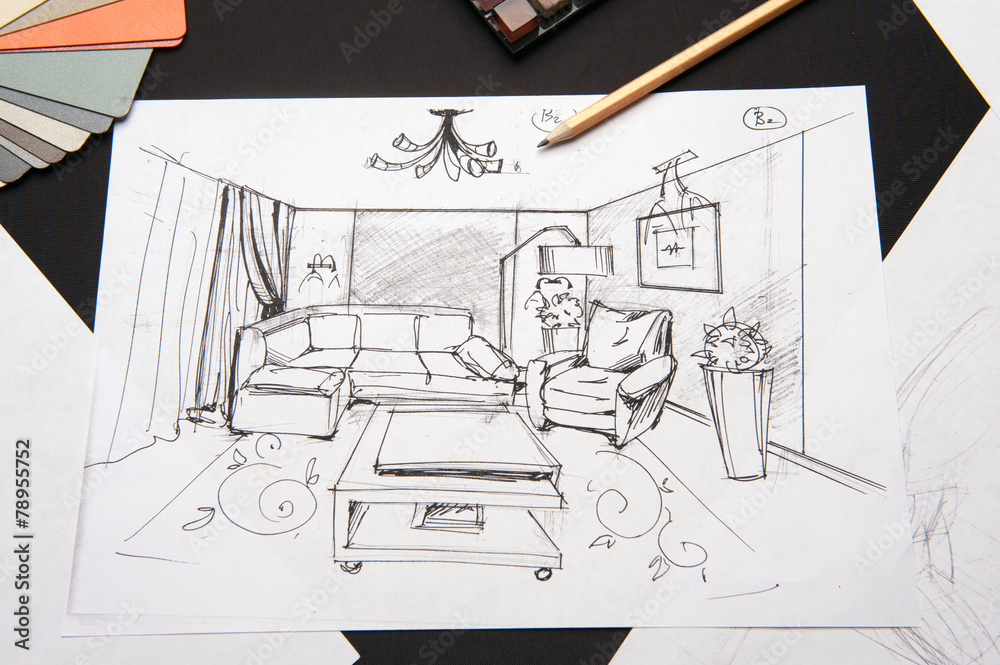 On the table are a drawing of pencil-drawn design room design. In the ...