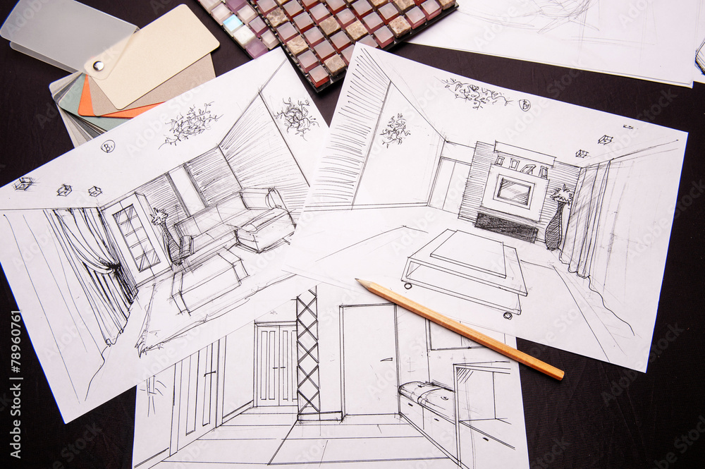 On the table are a drawing of pencil-drawn design room design. In the ...