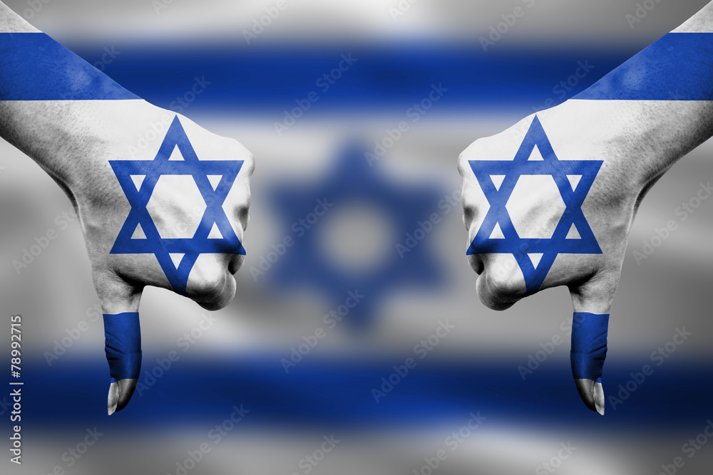 failure of Israel - hands gesturing thumbs down in front of flag foto ...