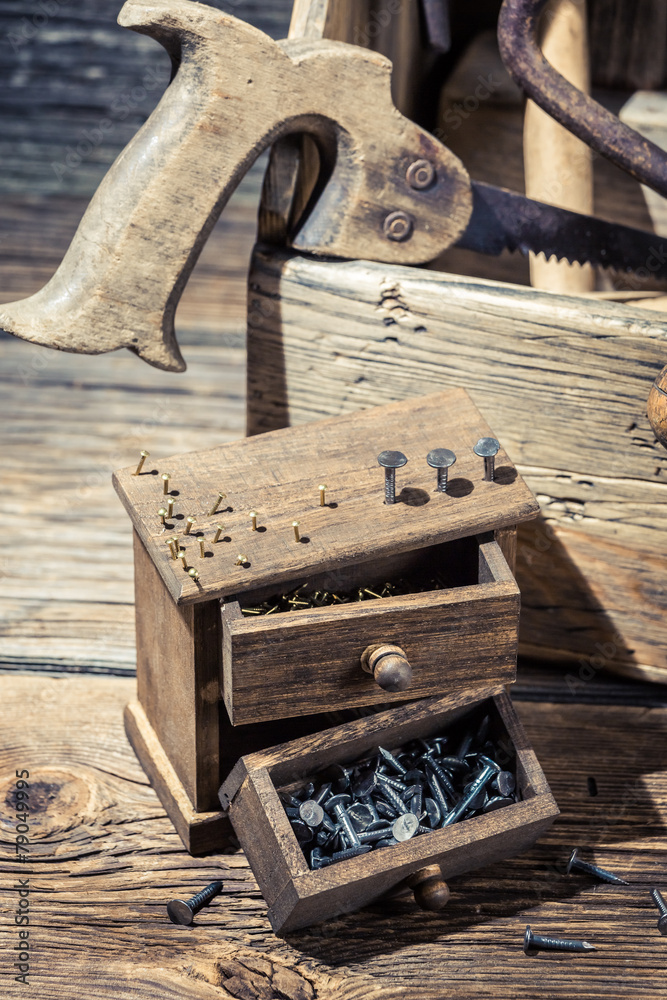 Nails and tool box in carpenter workbench Stock Photo | Adobe Stock