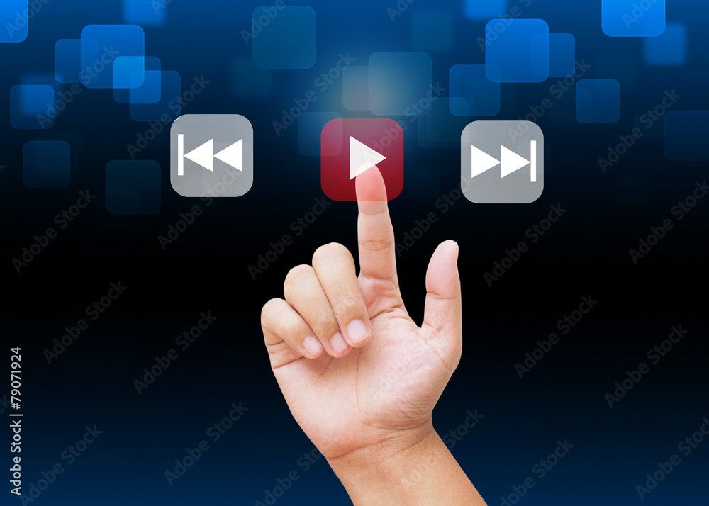 Hand pressing play button on music background Stock Photo | Adobe Stock