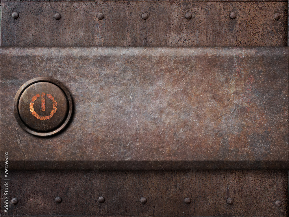 power button on rusty metal texture as steam punk background Stock ...