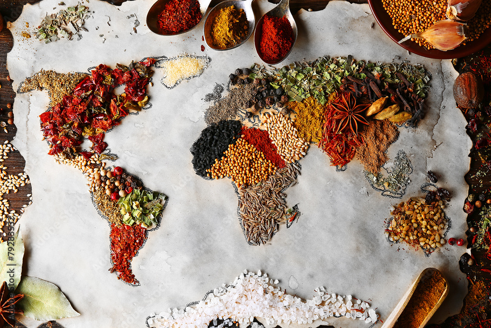 Map of world made from different kinds of spices, close-up Stock Photo ...