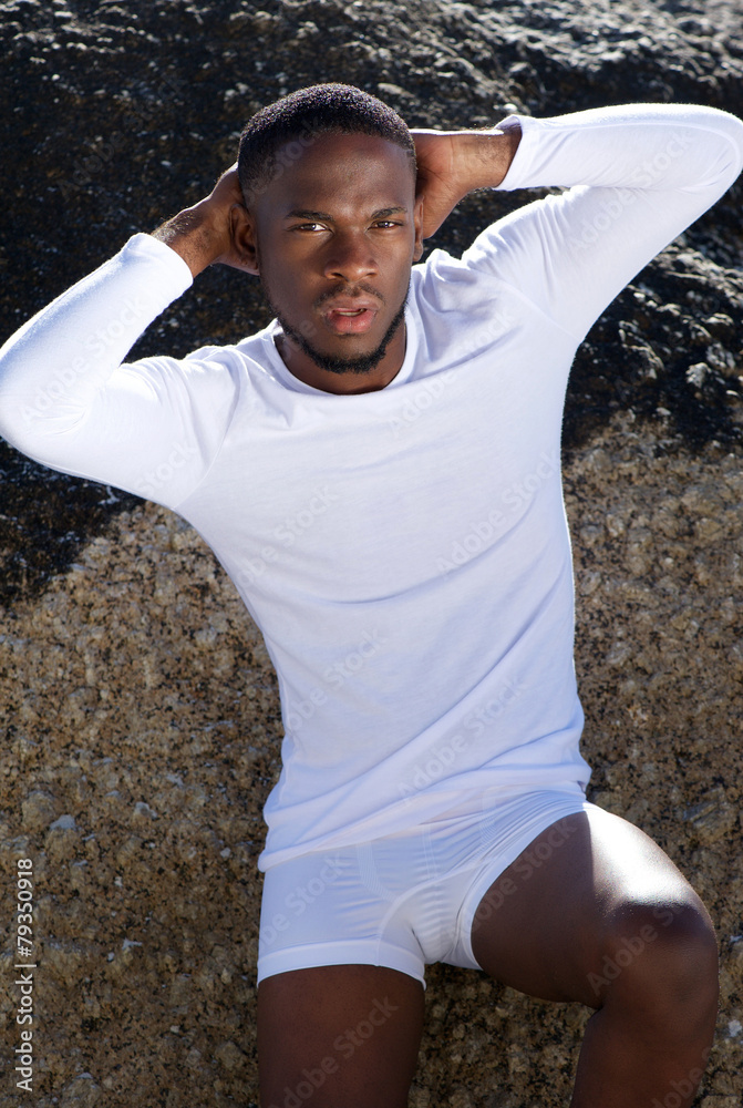 African American Male Fashion Model Posing In White Underwear Stock