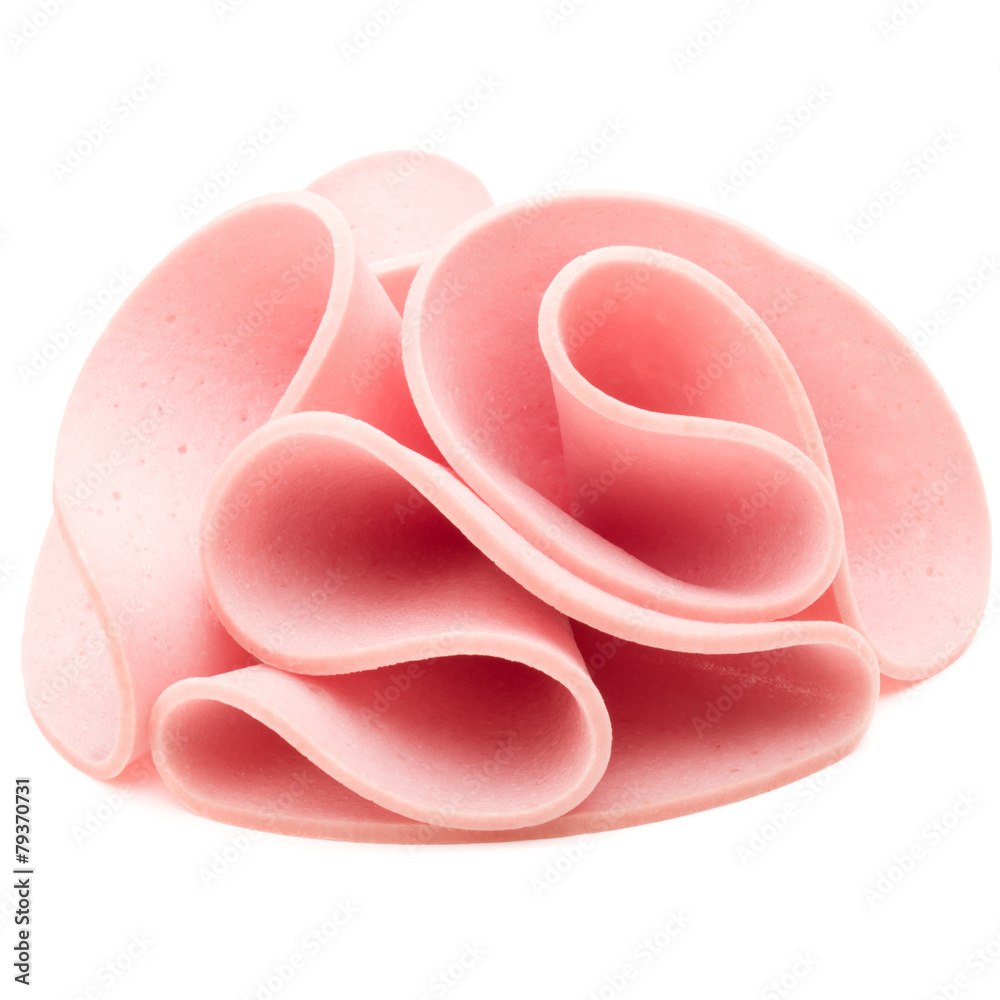 cooked boiled ham sausage or rolled bologna slices isolated on w Stock ...