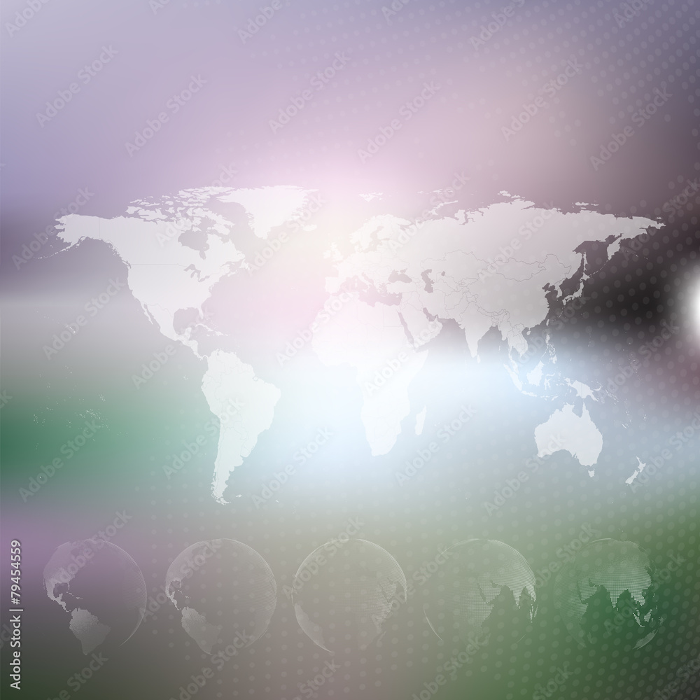 World map with dotted globes, abstract blurred background vector Stock ...