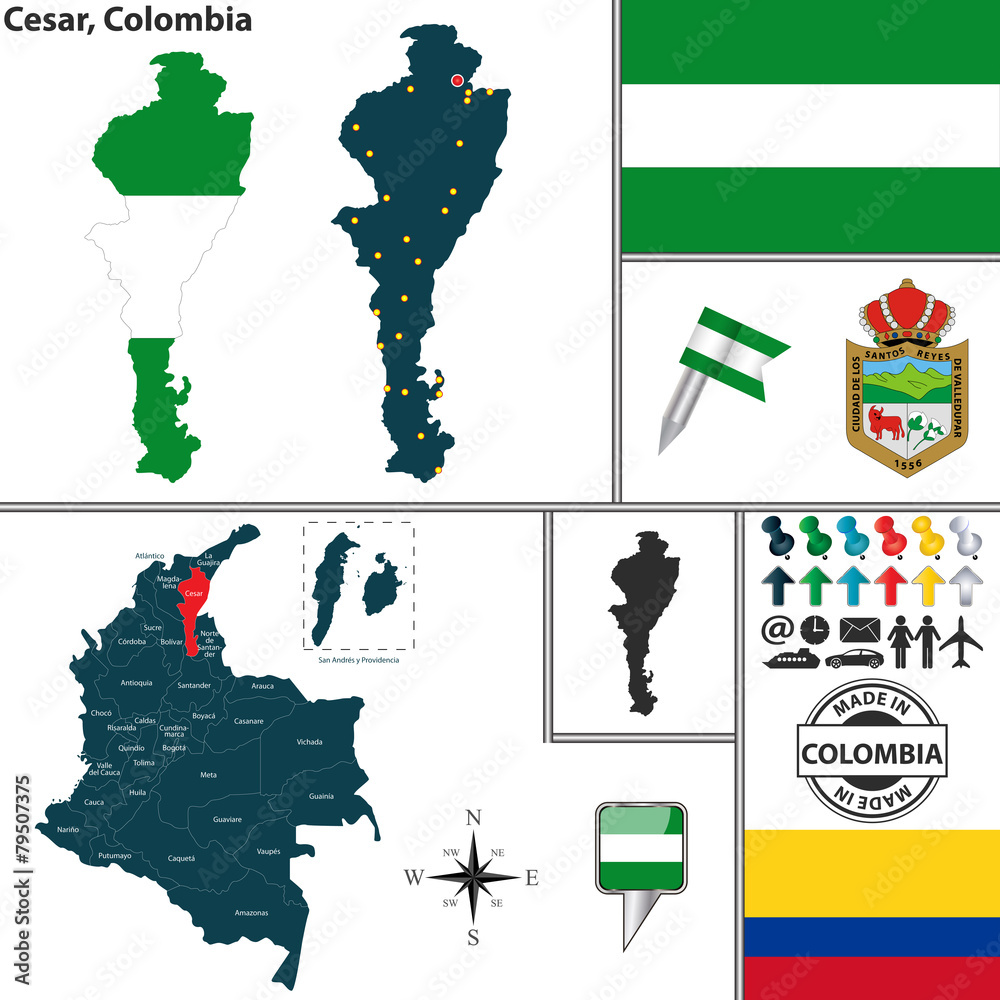 Map of Cesar, Colombia Stock Vector | Adobe Stock