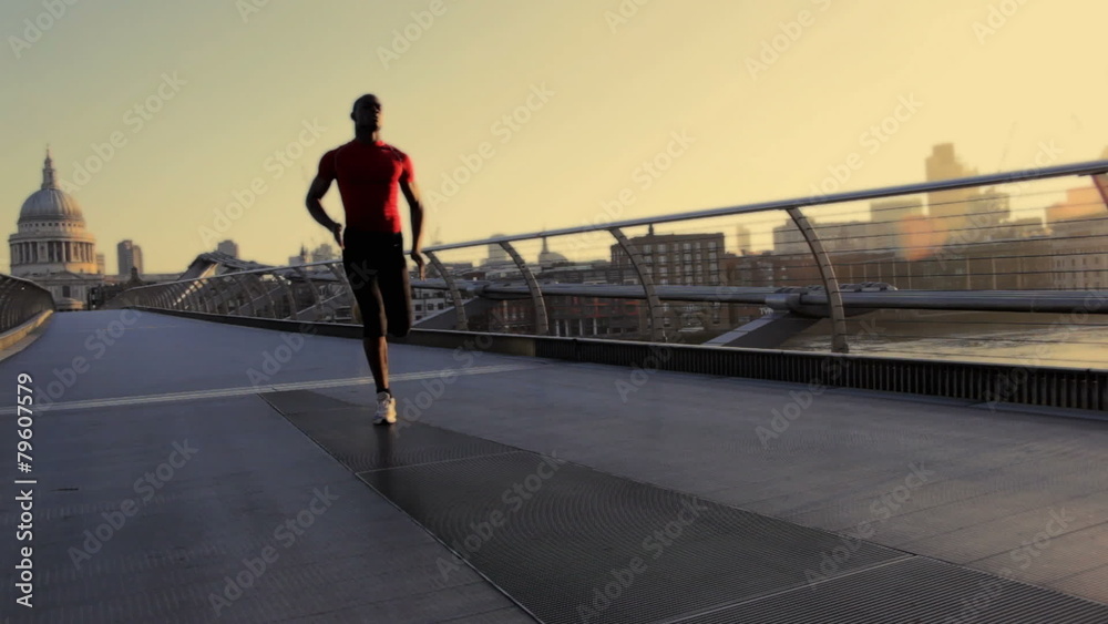Male starting positions on millenium bridge London, UK and sprint over ...