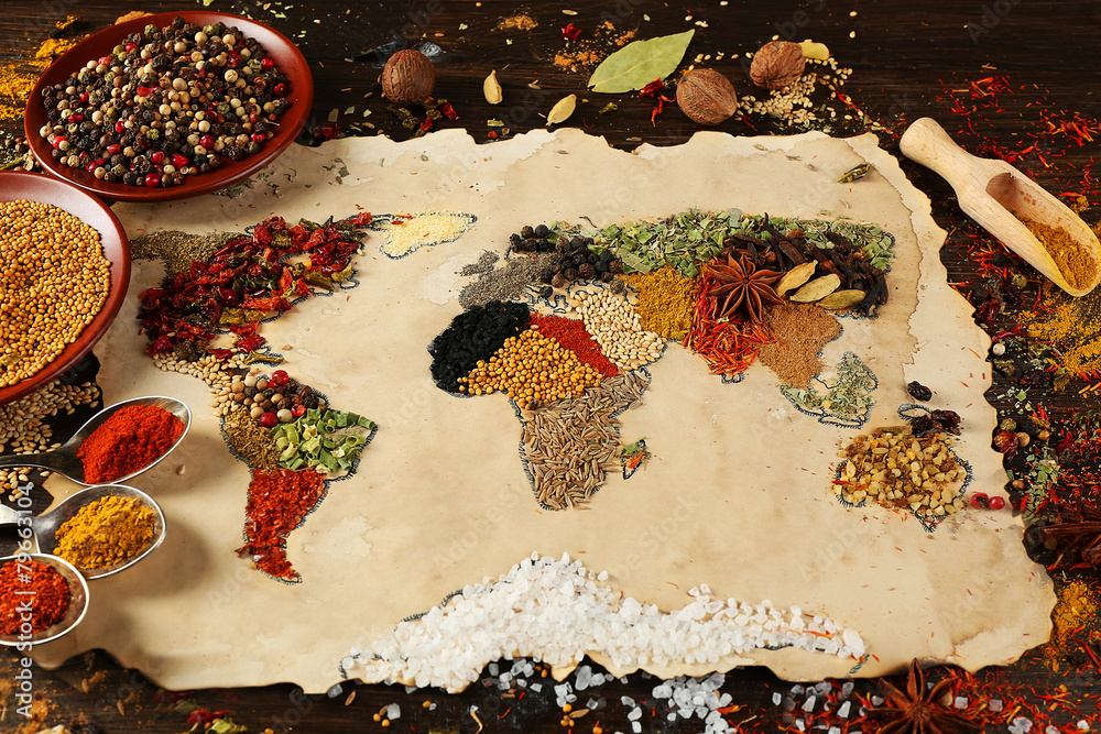 Map of world made from different kinds of spices Stock Photo | Adobe Stock