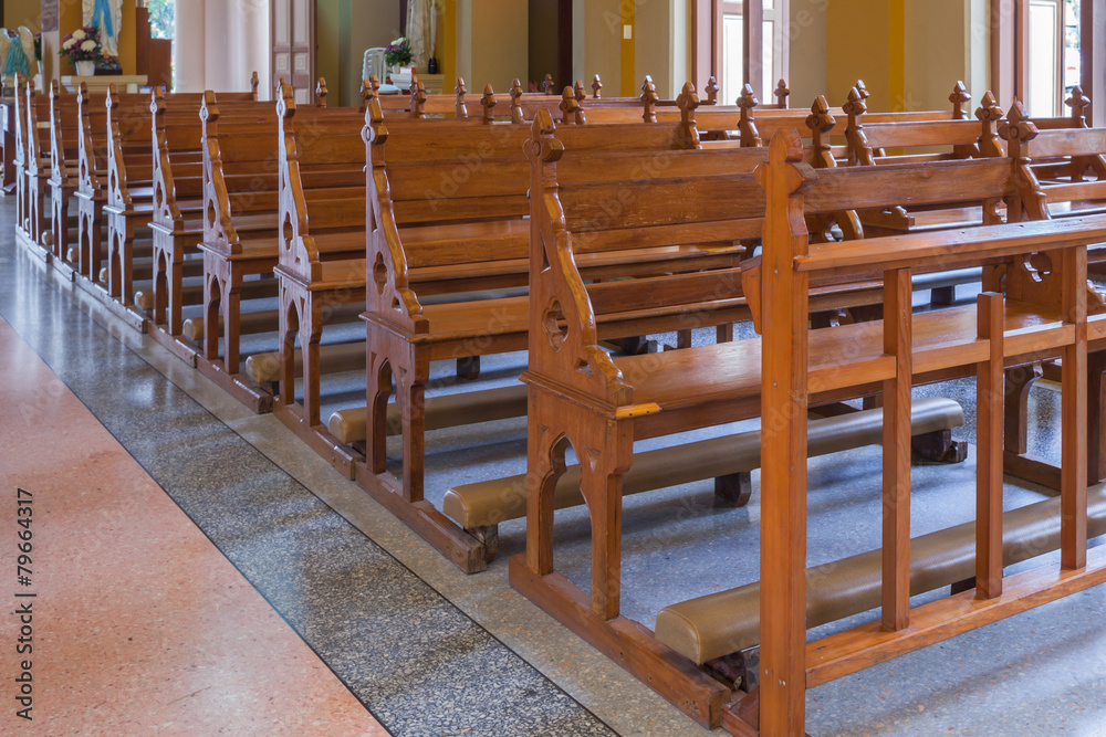 Walkway and Wood Bench of Catholic church, people can pray for g Stock ...