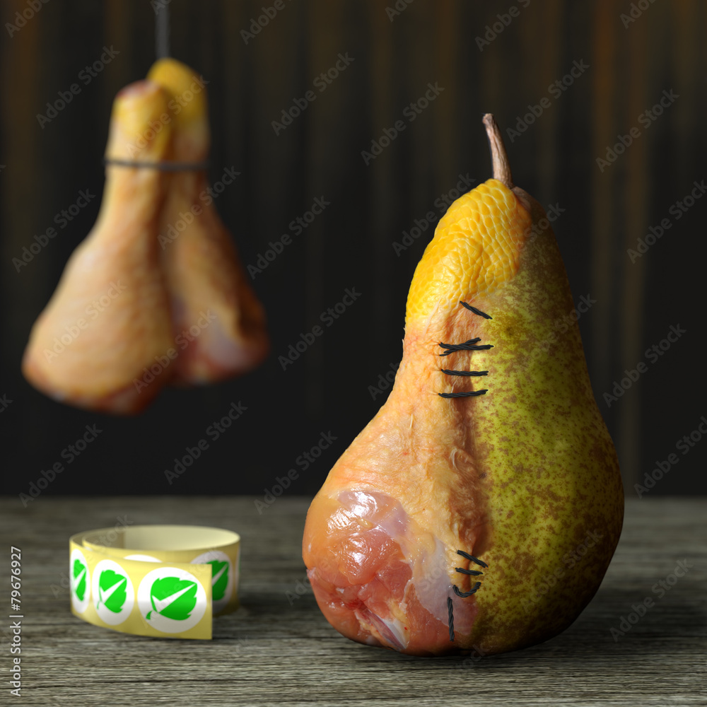 Horror food. Genetically modified, GMO. Chicken leg pear. Stock Photo ...