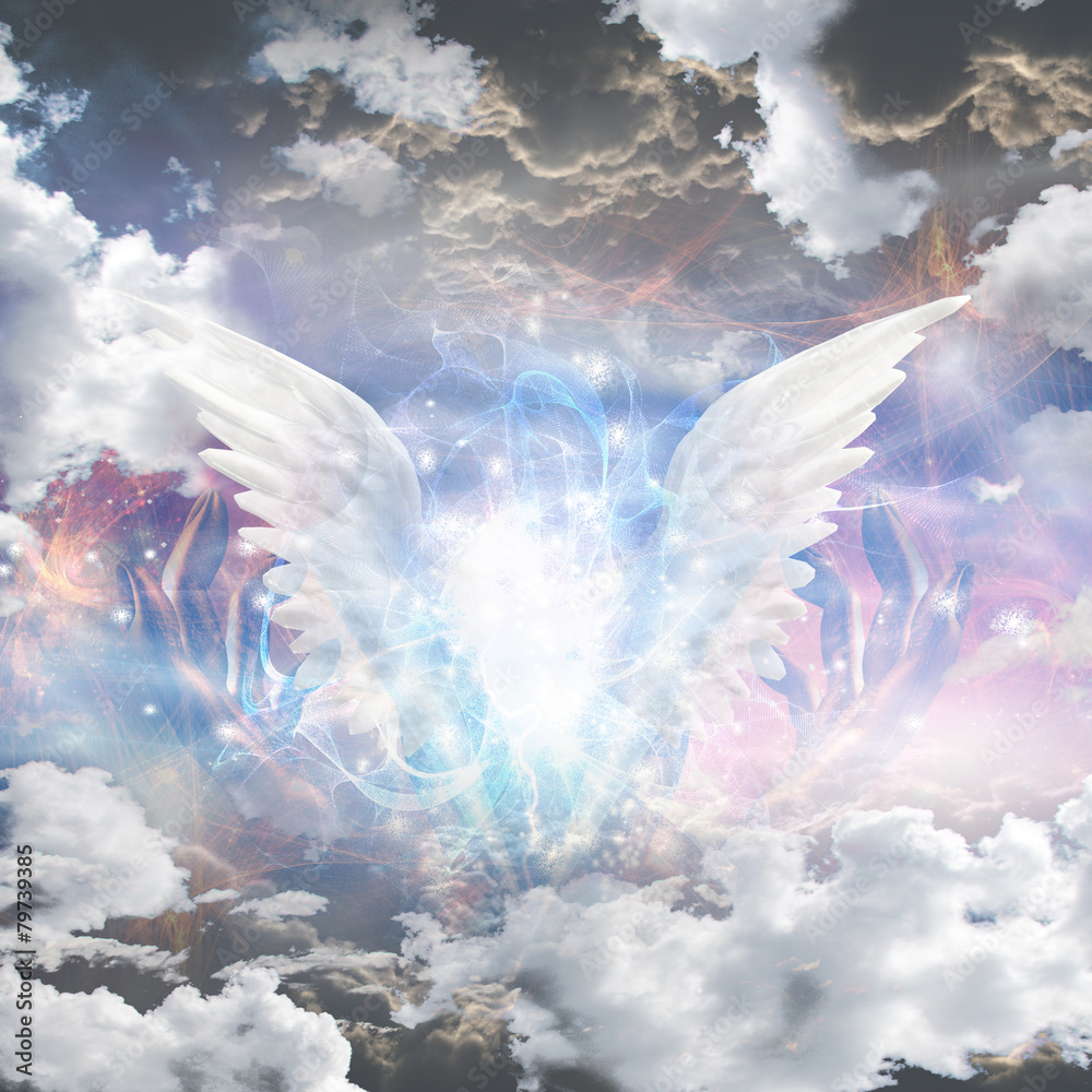 Angel wings pull apart seam of mortals to reveal Stock Illustration ...