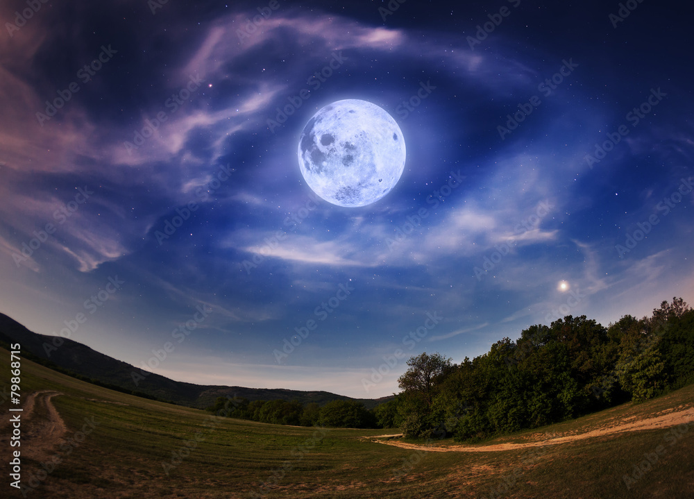 Beautiful night sky with the full moon and stars Stock Photo | Adobe Stock
