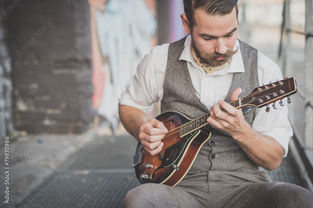 handsome big moustache hipster man playing mandolin Stock Photo | Adobe ...