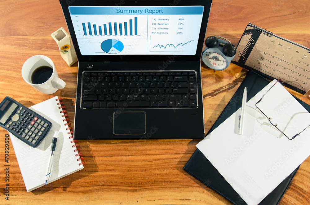 Business summary chart and planing in computer on desktop. Stock Photo ...