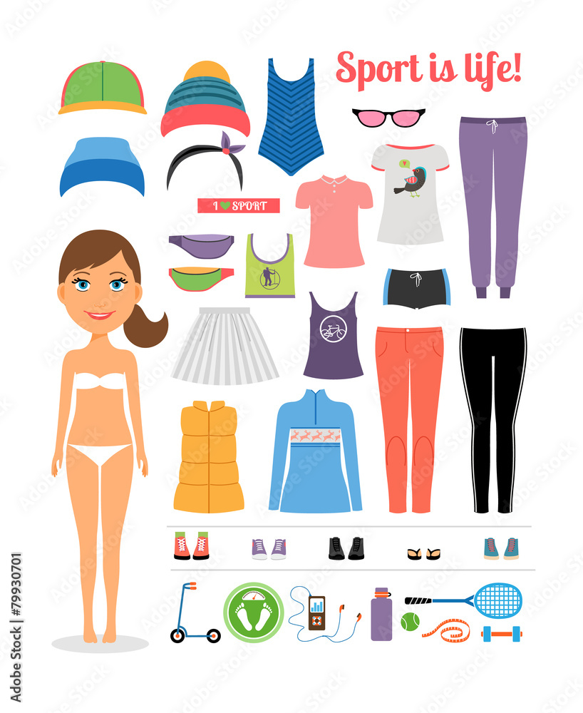 Cartoon Girl with Fitness Clothing and Equipment Stock Vector | Adobe Stock