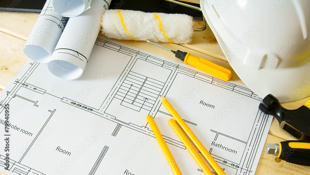 Repair work. Drawings for building, saw, hammer and others tools Stock ...