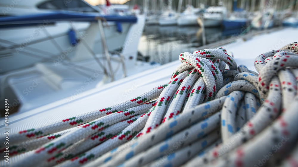 Foto Stock Sailing yacht rigging, ropes closeup. | Adobe Stock