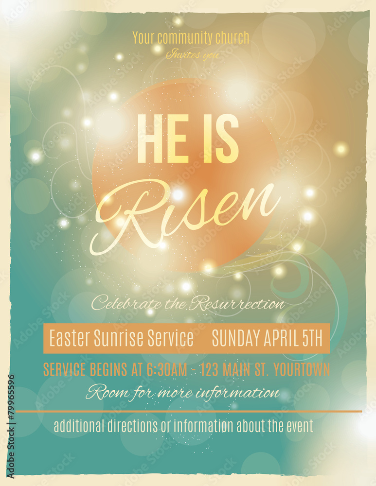 Vetor de He is Risen Easter Sunrise Service Flyer or poster template do ...