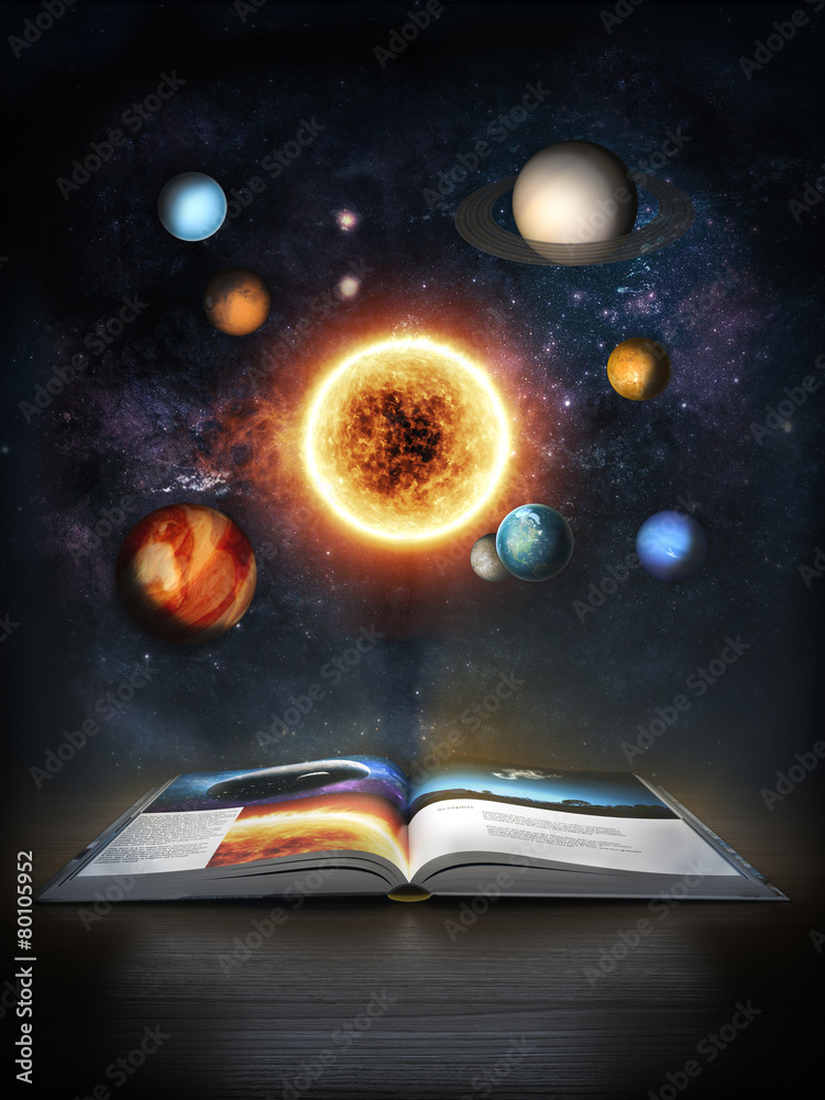 Discovering science, Open book revealing the solar system Stock ...