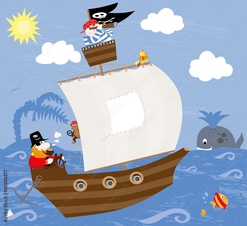 Statek piracki na morzu z wyspą i wielorybem w tle Stock Vector | Adobe ...
