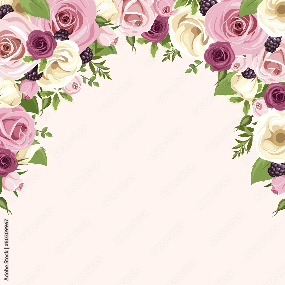 Background with pink and white roses and lisianthus flowers. Stock ...