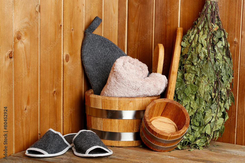 Natural accessories in sauna Stock Photo | Adobe Stock