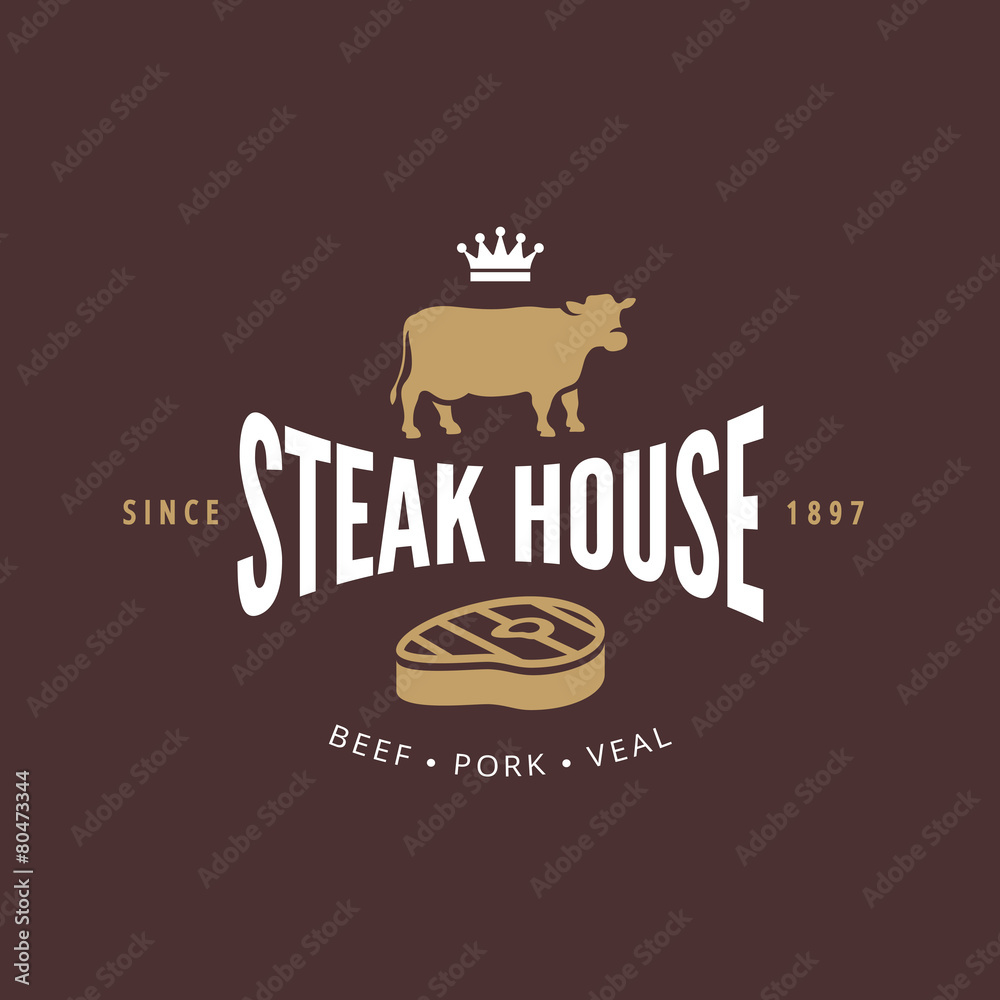 Logo Cow Beef Steak House Retro Vintage Label design vector Stock ...