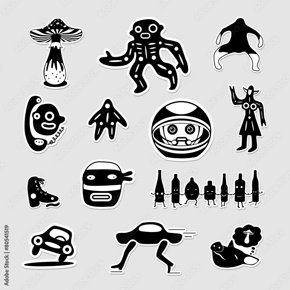 Vector set of crazy bizarre black and white stickers. Stock Vector ...
