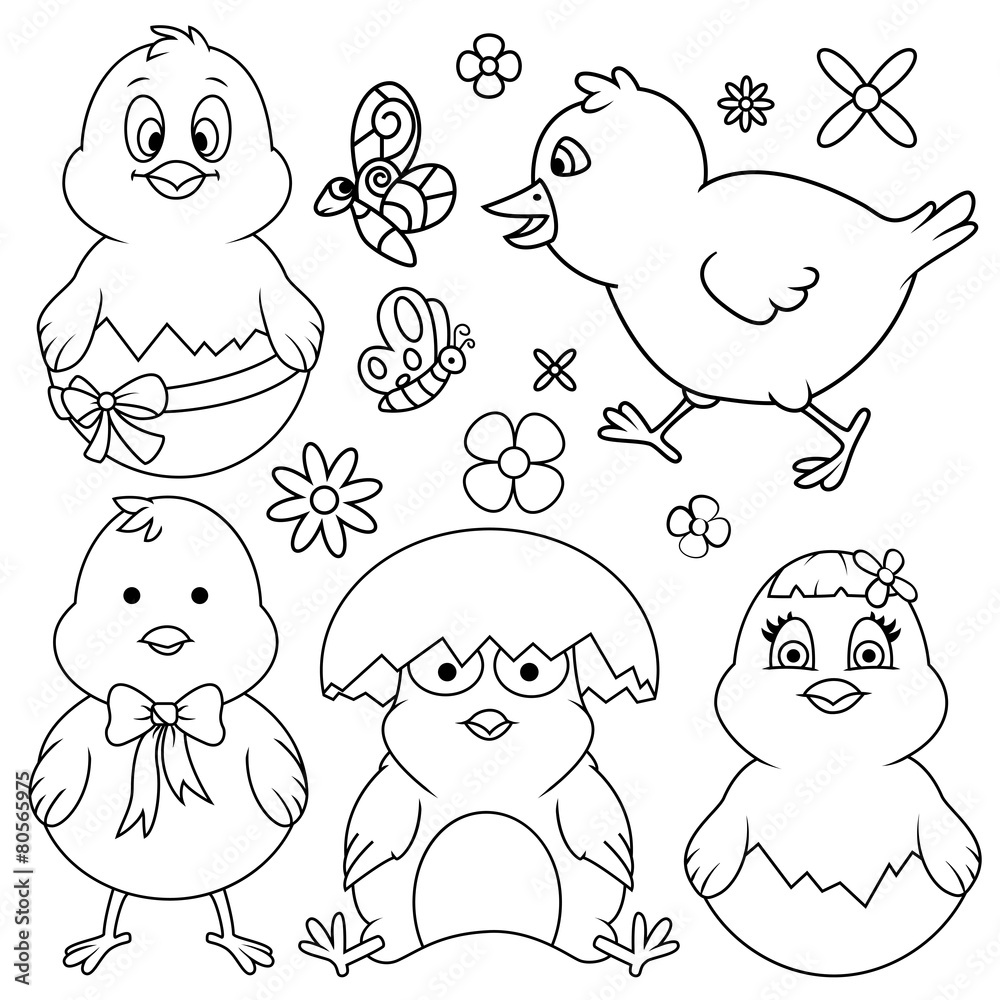Easter Cartoon Chicken Line Art Set Stock Illustration | Adobe Stock