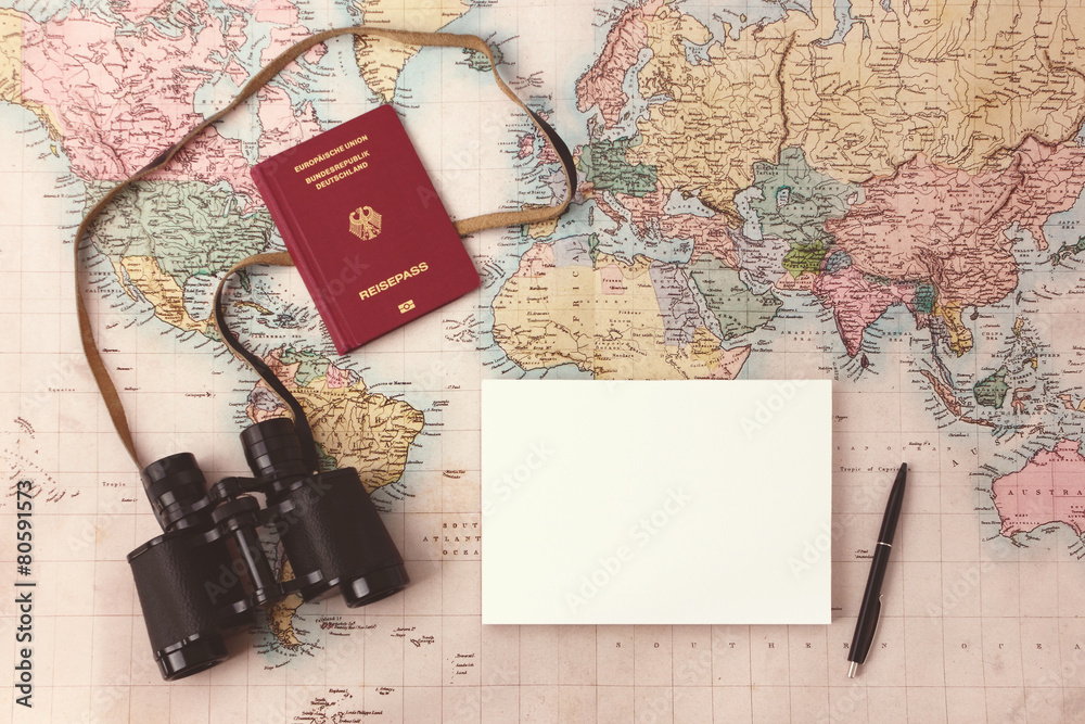 Travel planning - map with passport, notepad, pen and binoculars Stock ...