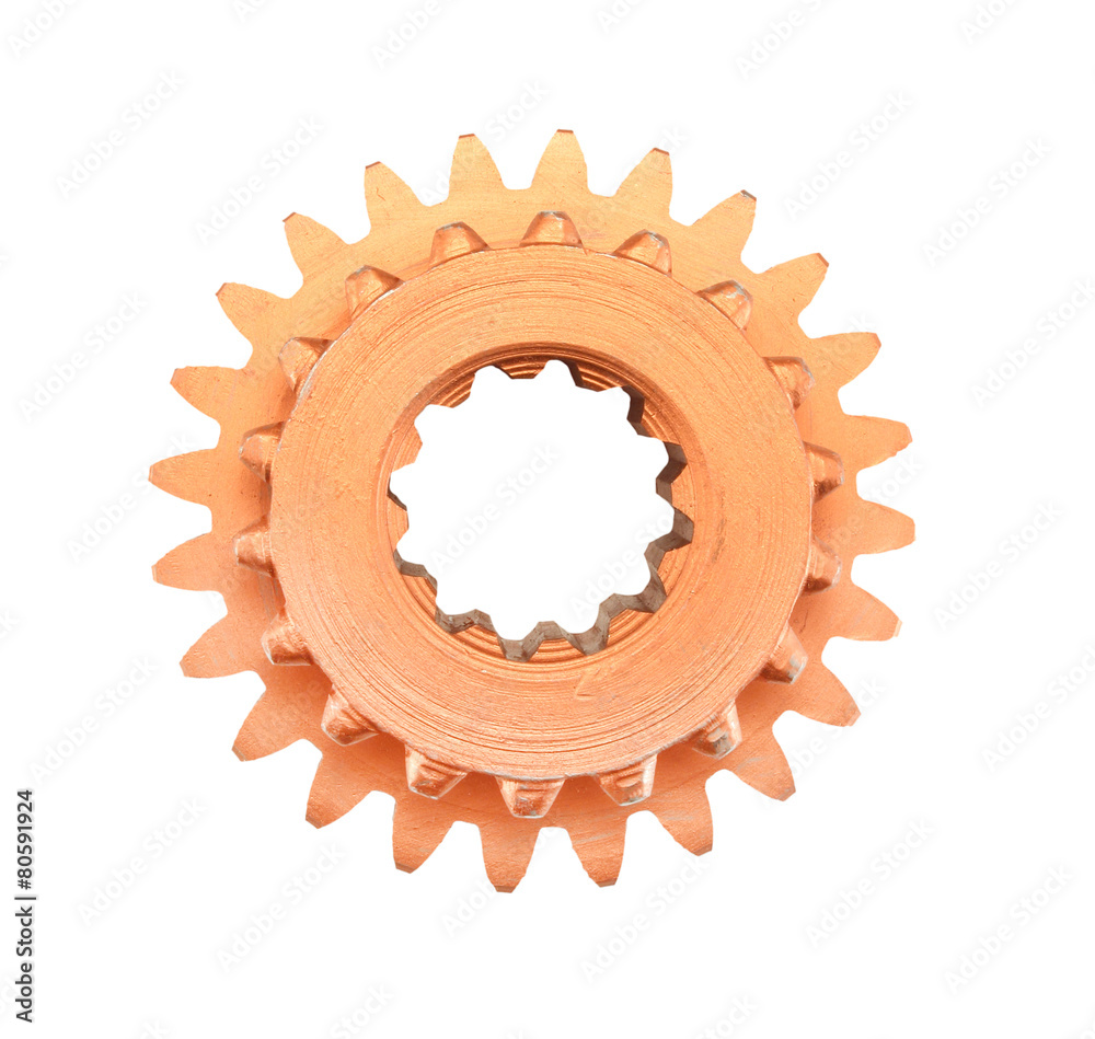 Copper and gold gear isolated on white background Stock Photo | Adobe Stock