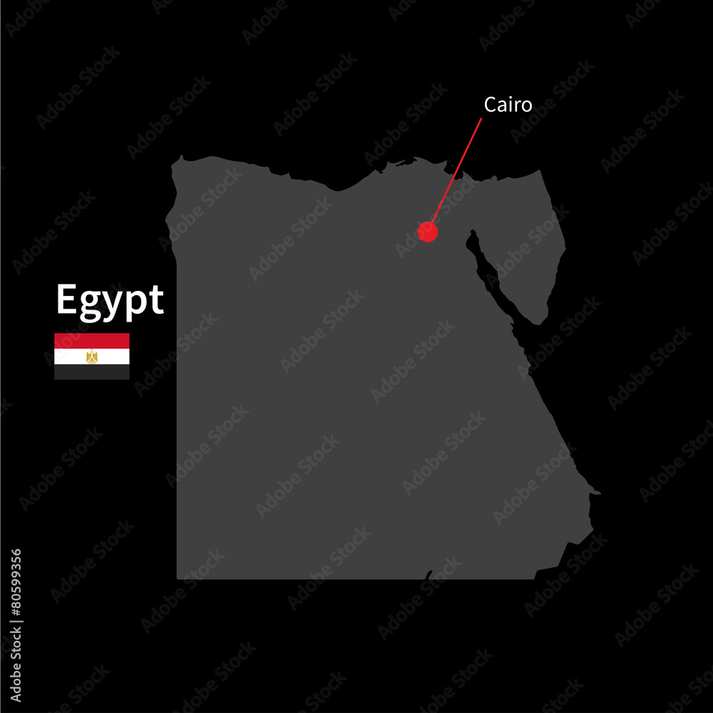Detailed map of Egypt and capital city Cairo with flag on black Stock ...