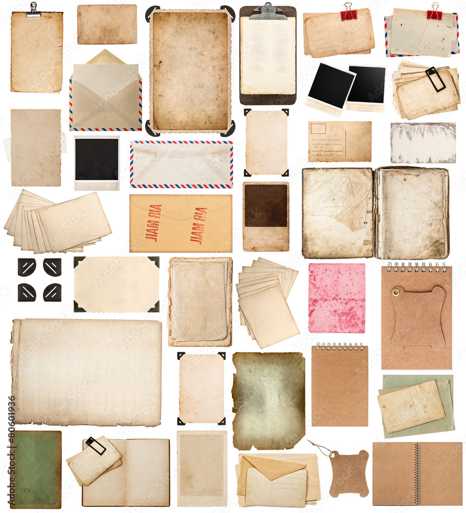 aged paper sheets, books, pages and old postcards isolated on wh Stock ...