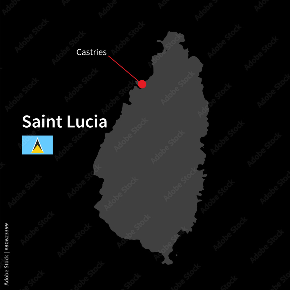 Detailed map of Saint Lucia and capital city Castries with flag Stock ...