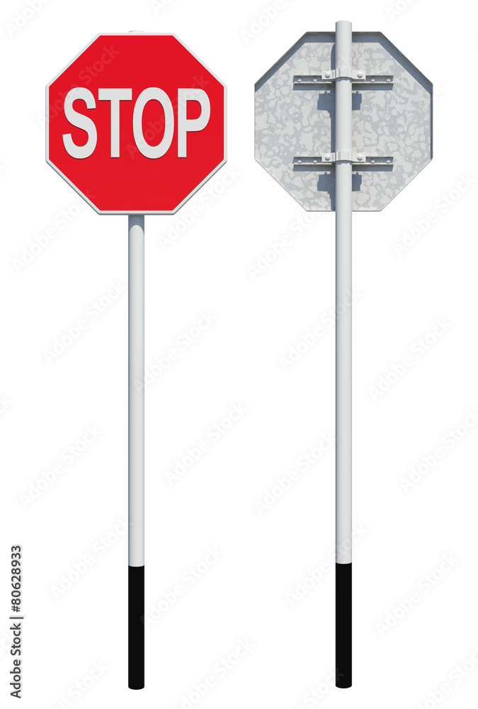 Octagonal road sign with word stop. Front and back view Stock ...