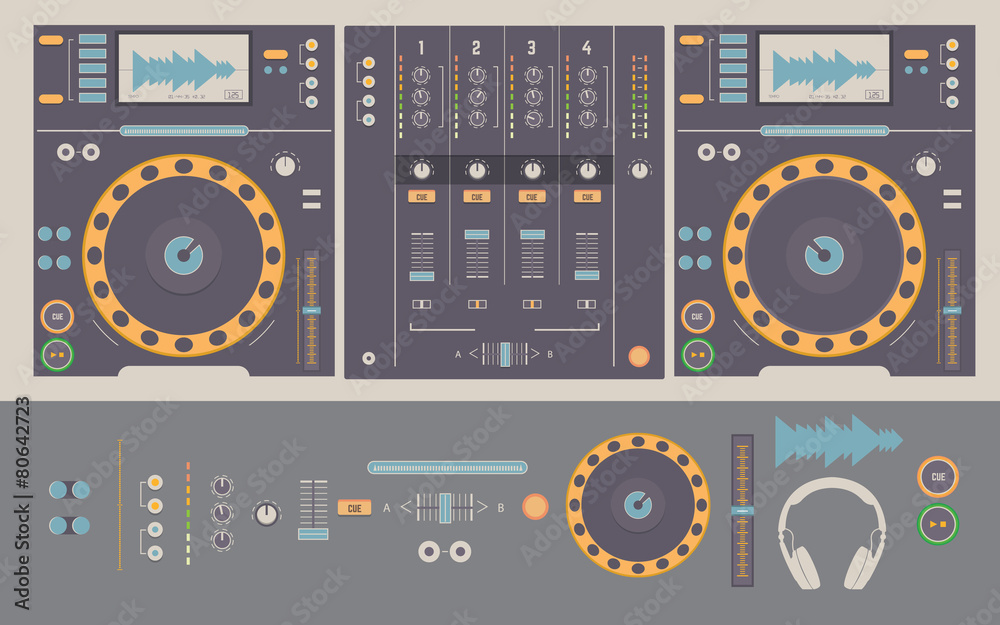 Illustration of dj mixing decks and elements. Stock Vector | Adobe Stock