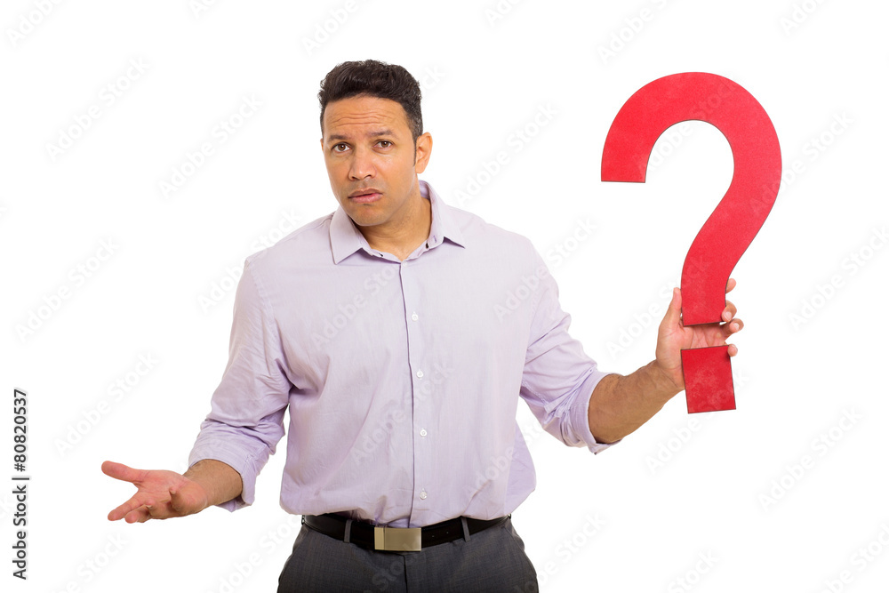 confused man holding question mark Stock Photo | Adobe Stock