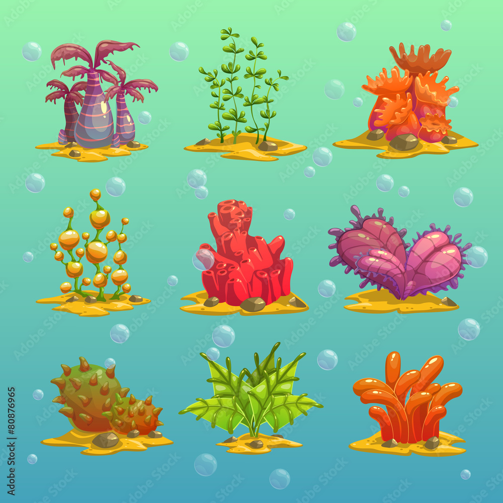 Cartoon algae, isolated underwater elements Stock Vector | Adobe Stock