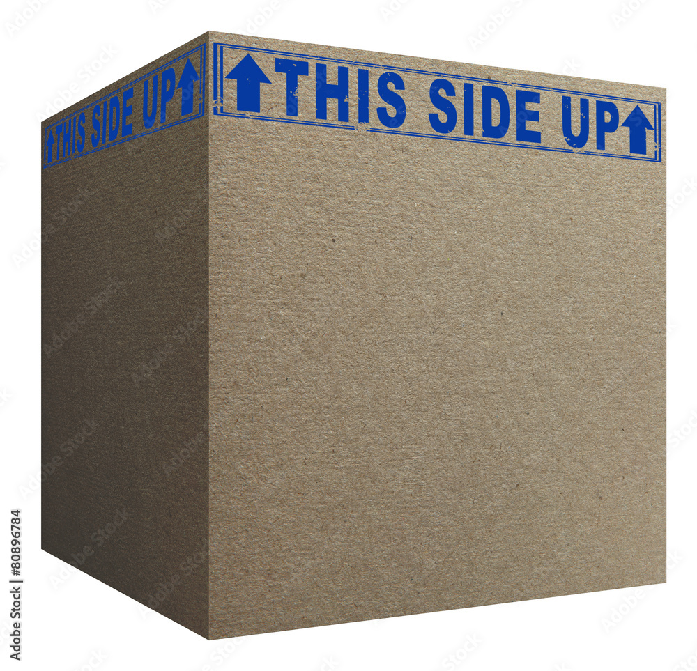 3D Cardboard box with blue this side up signs Stock Photo | Adobe Stock
