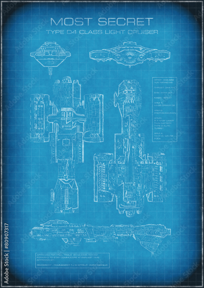 Sci-fi illustration of Top Secret Spaceship Blueprint with Text Stock ...