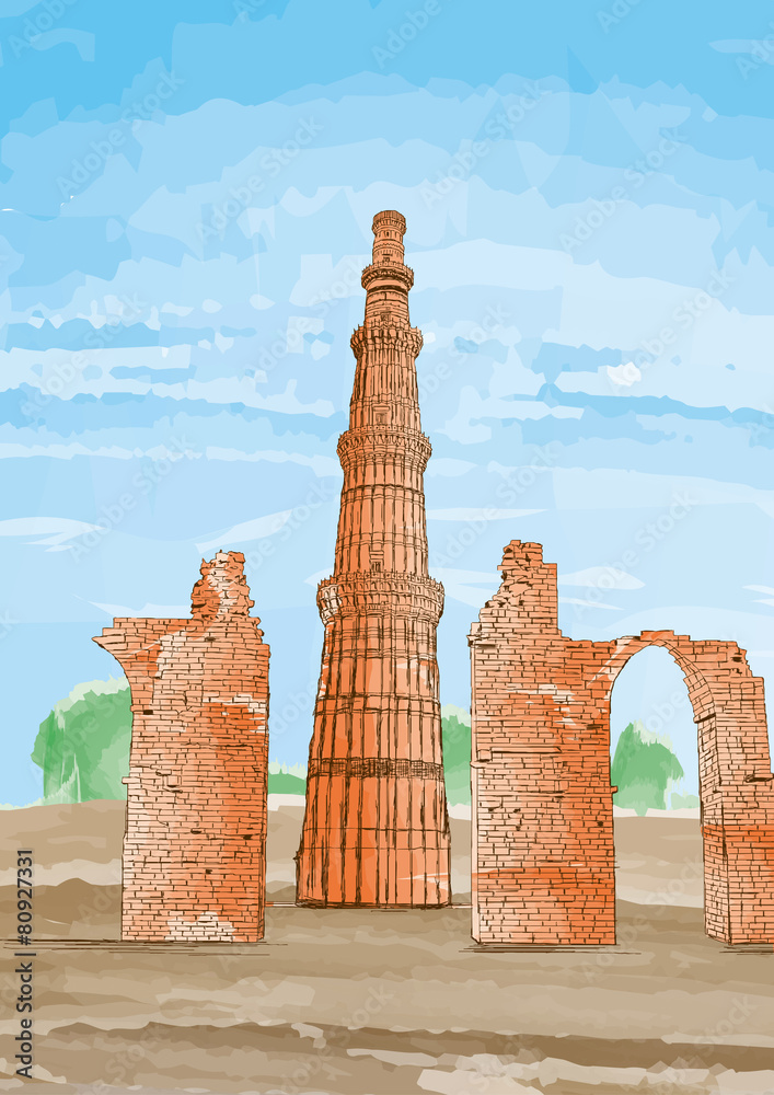 Hand Drawn Qutub Minar, New Delhi, India - Vector Illustration Stock ...